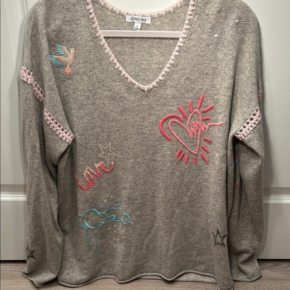 Johnny Was | Sweaters | Johnny Was Gray Sweater With Pink Embroidery ...